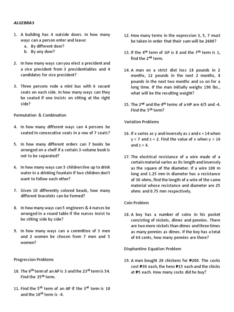 PROBLEM SET (Algebra, Trigo, Prob & Stat) | PDF | Angle | Triangle