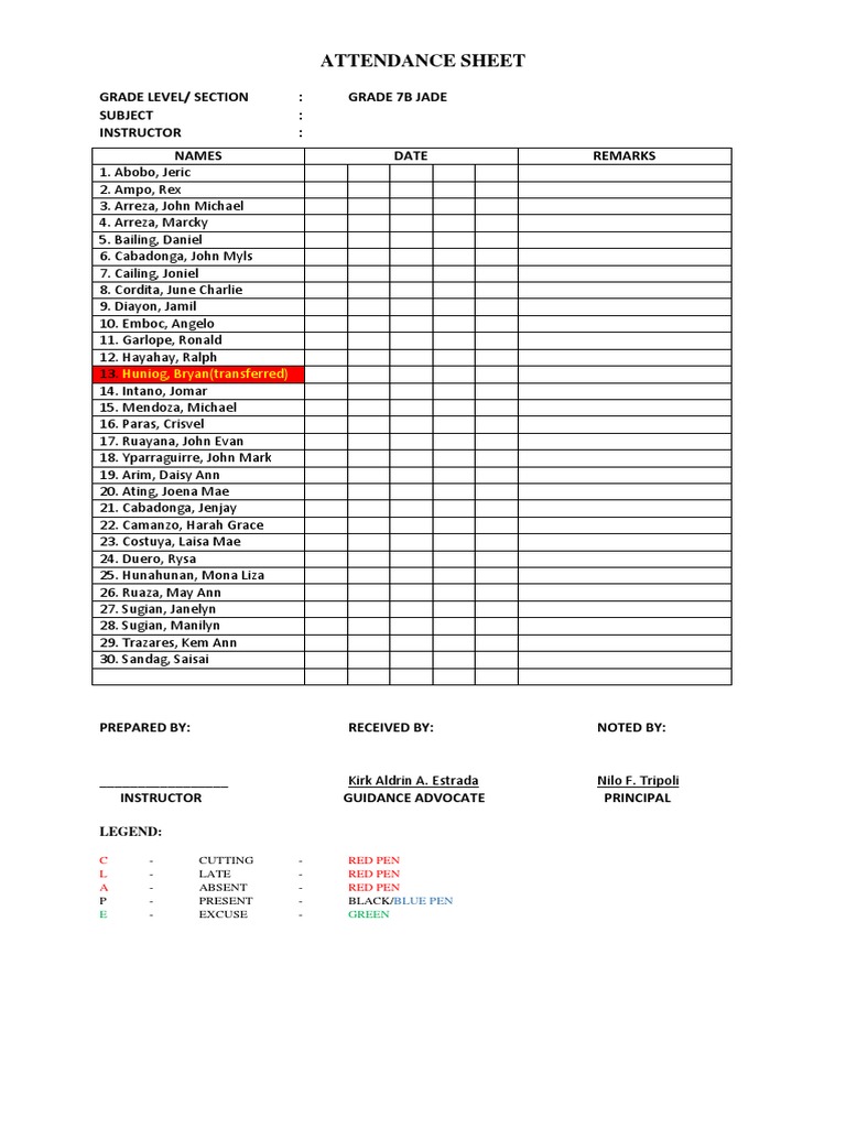 Attendance Sheet: Grade Level/ Section: Grade 7B Jade Subject ...