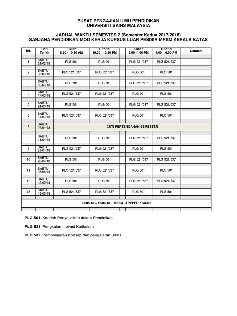 Jadual Kuliah MRSM Kepala Batas Sem II Sidang Akademik 2017 - 2018 | PDF