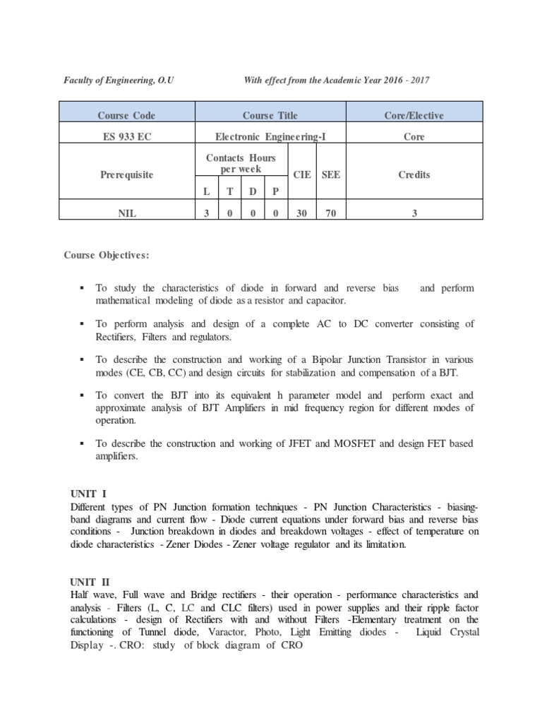 Course Code Course Title Core/Elective Es 933 Ec Electronic Engineering ...