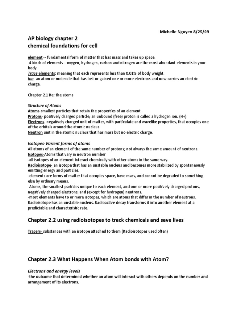 AP Biology Chapter 2 Chemical Foundations For Cell | PDF | Chemical ...