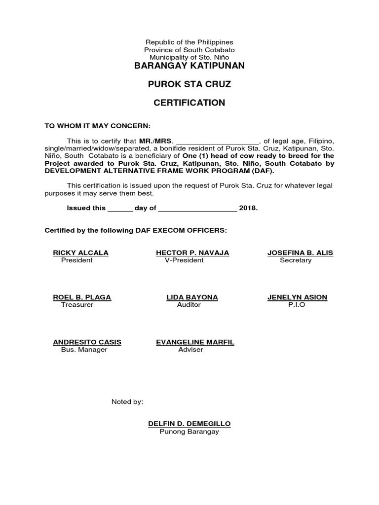Barangay Katipunan Purok Sta Cruz Certification | PDF | Philippines