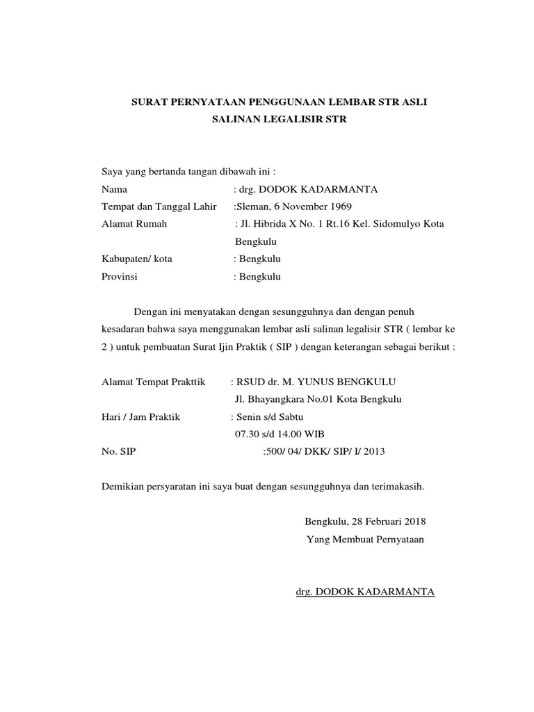 Surat Pernyataan Penggunaan Lembar STR Asli | PDF