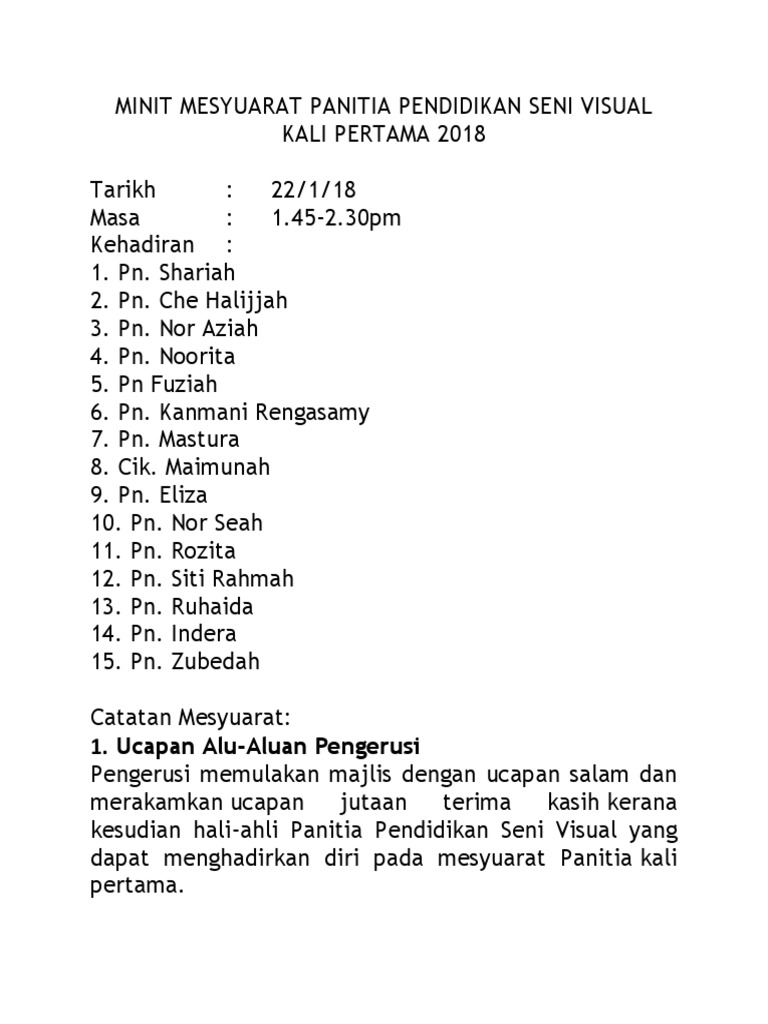 Minit Mesyuarat Panitia Pendidikan Seni Visual Kali Pertama 2018 | PDF