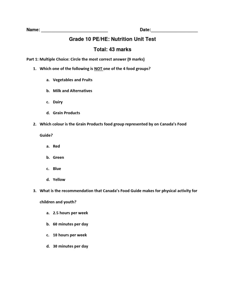Grade 10 PE/HE: Nutrition Unit Test Total: 43 Marks | PDF | Food Energy ...