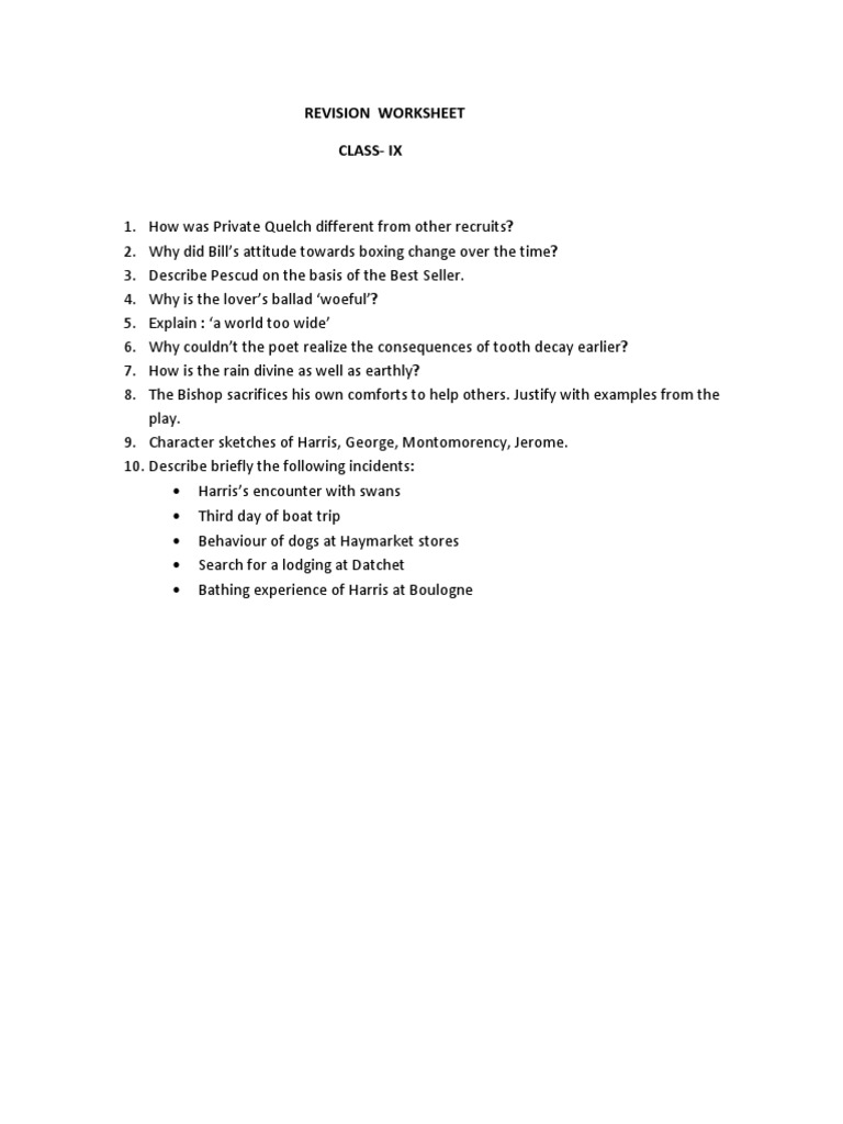 Revision Worksheet Class-Ix | PDF