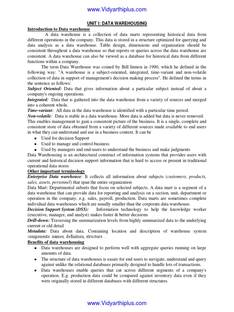 Introduction To Data Warehouse: Unit I: Data Warehousing | PDF | Data Warehouse | Metadata