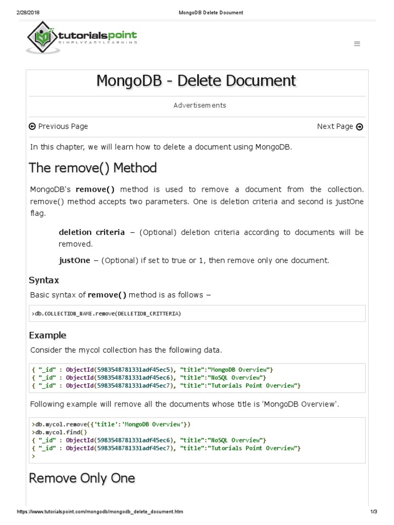 MongoDB Delete Document PDF | PDF | Mongo Db | Areas Of Computer Science