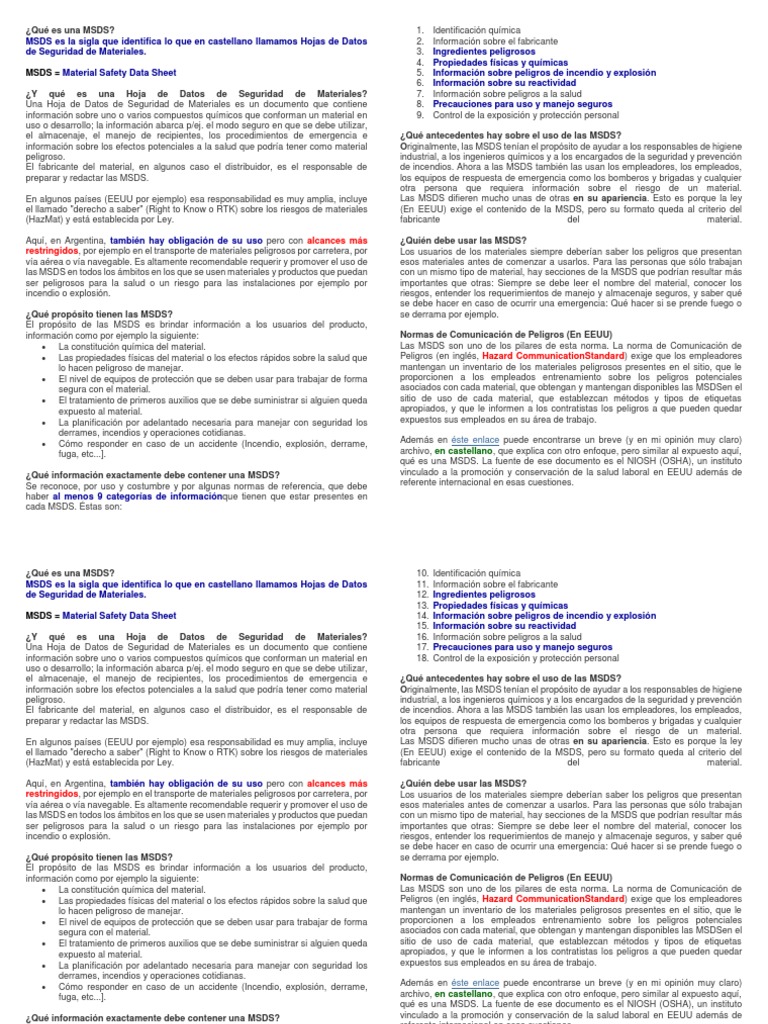 Qué Es Una MSDS | PDF | Mercancías peligrosas | Seguridad y salud ...