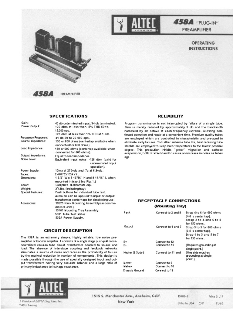 Altec 458A | PDF | Amplifier | Vacuum Tube