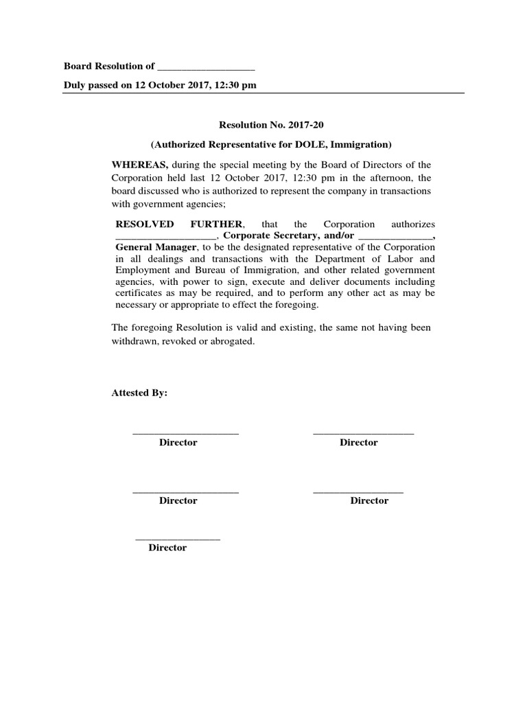 Sample Board Resolution (Authorized Representative DOLE) | PDF | Board ...