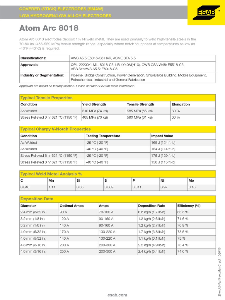 Esab, Atom Arc 8018 (26-En - US-FactSheet - Main-01, 2016.10.26) | PDF ...