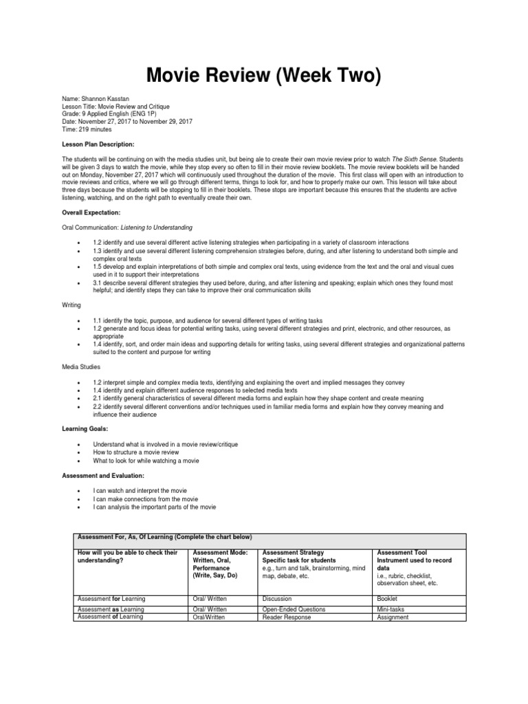 Movie Review Grade 9 Lesson Plans | PDF | Educational Assessment ...