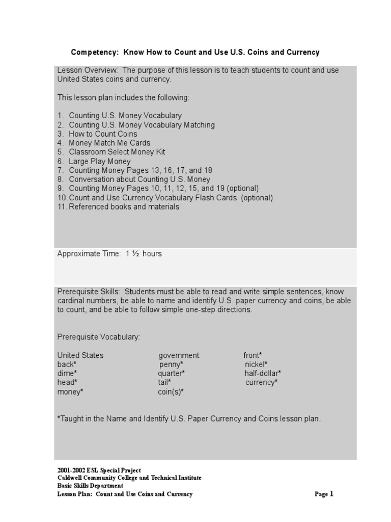 Counting U.S. Coins and Currency Lesson | PDF | English As A Second Or ...