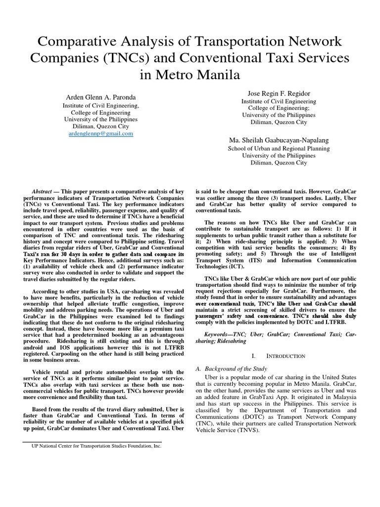 TNCs vs. Taxis: Metro Manila Analysis | PDF | Uber (Company) | Taxicab