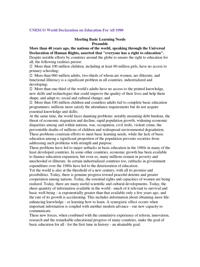 UNESCO_World_Declaration_on_Education_for_All 1990 | Literacy | Resource