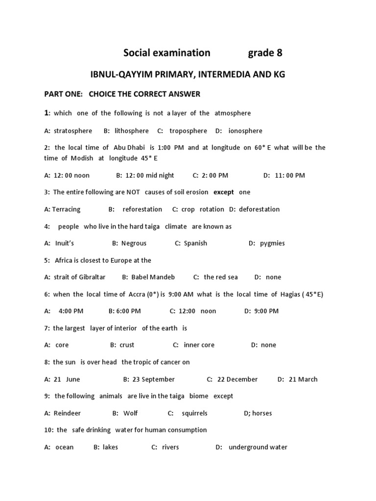 8th Grade Social Studies Exam Questions | PDF | Equator | Climate