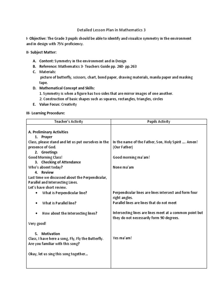 Detailed Lesson Plan in Mathematics 3 | PDF | Symmetry | Lesson Plan