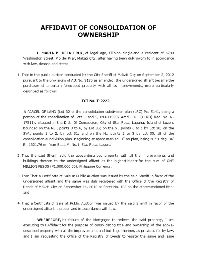 AFFIDAVIT of Consolidation of Ownership | PDF | Common Law | Civil Law ...