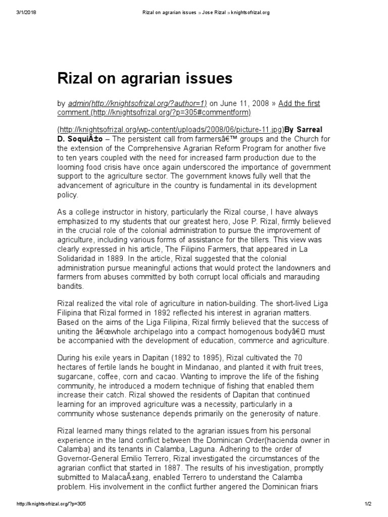 Rizal On Agrarian Issues Jose Rizal | PDF | Philippines | Agriculture