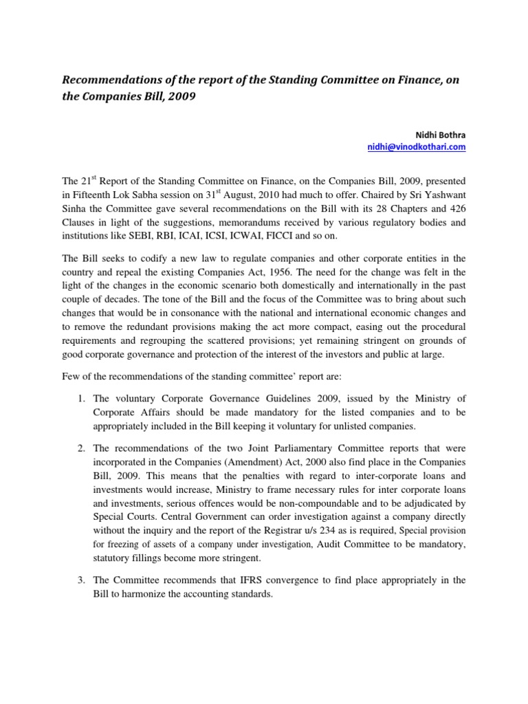 Standing Committee Recommendations on Companies Bill | PDF | Board Of ...