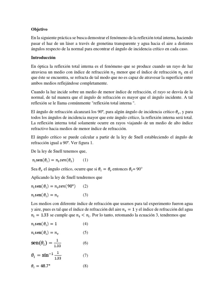 Reflexión Total Interna | PDF | Refracción | Reflexión (Física)