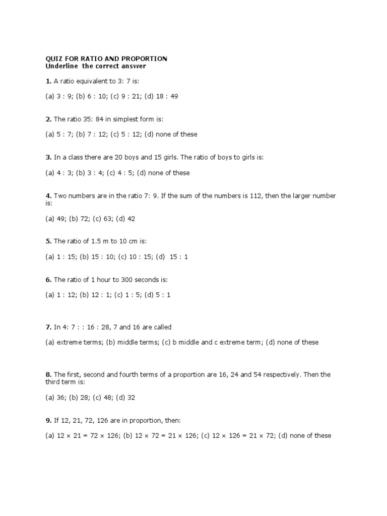 Quiz For Ratio and Proportion | PDF