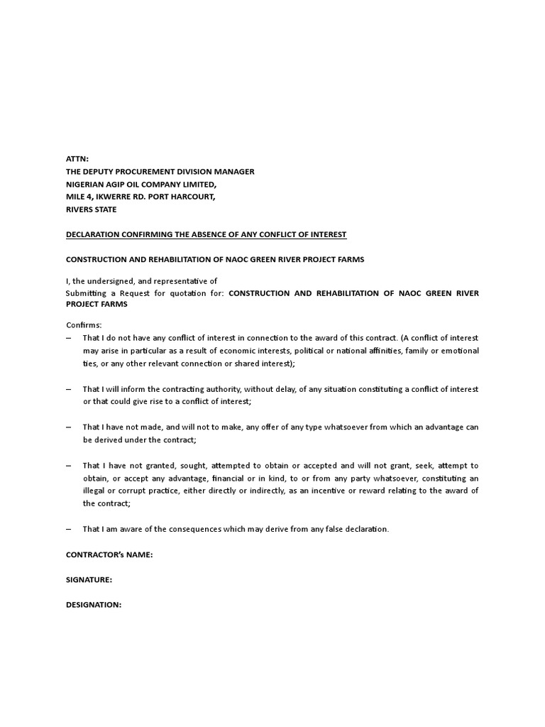 Declaration of Conflict of Interest - Single Source. SAMPLE | PDF ...