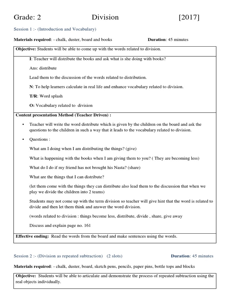 Division Plan | PDF | Division (Mathematics) | Numbers