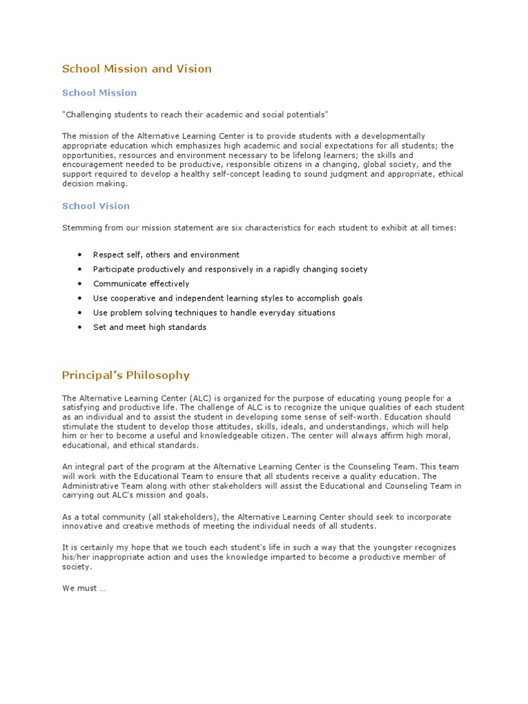 School Mission and Vision | PDF | Conscience | Learning