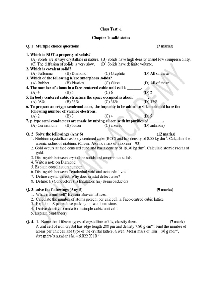 Solid State Class 12 Test Paper | PDF | Crystal Structure | Solid