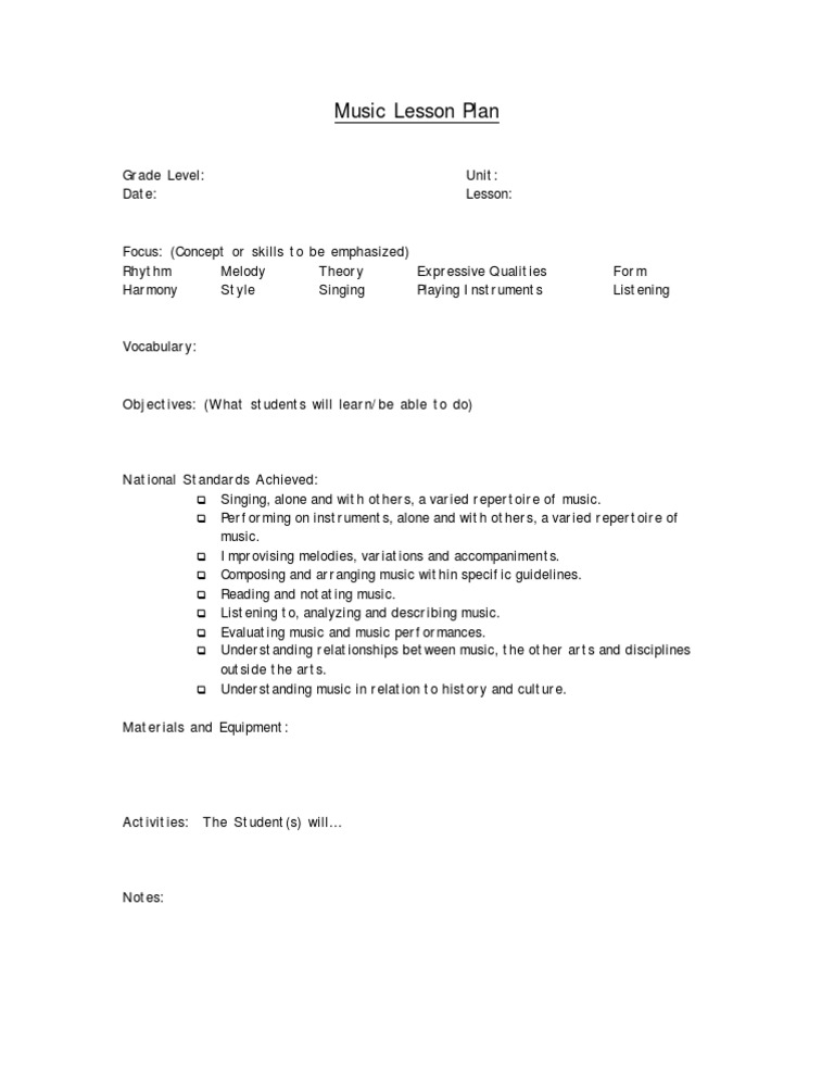 Music Lesson Plan: Grade Level: Unit: Date: Lesson | PDF