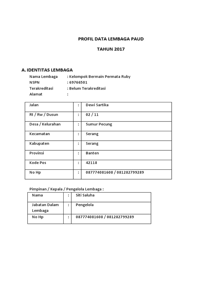 Profil Data Lembaga Paud | PDF