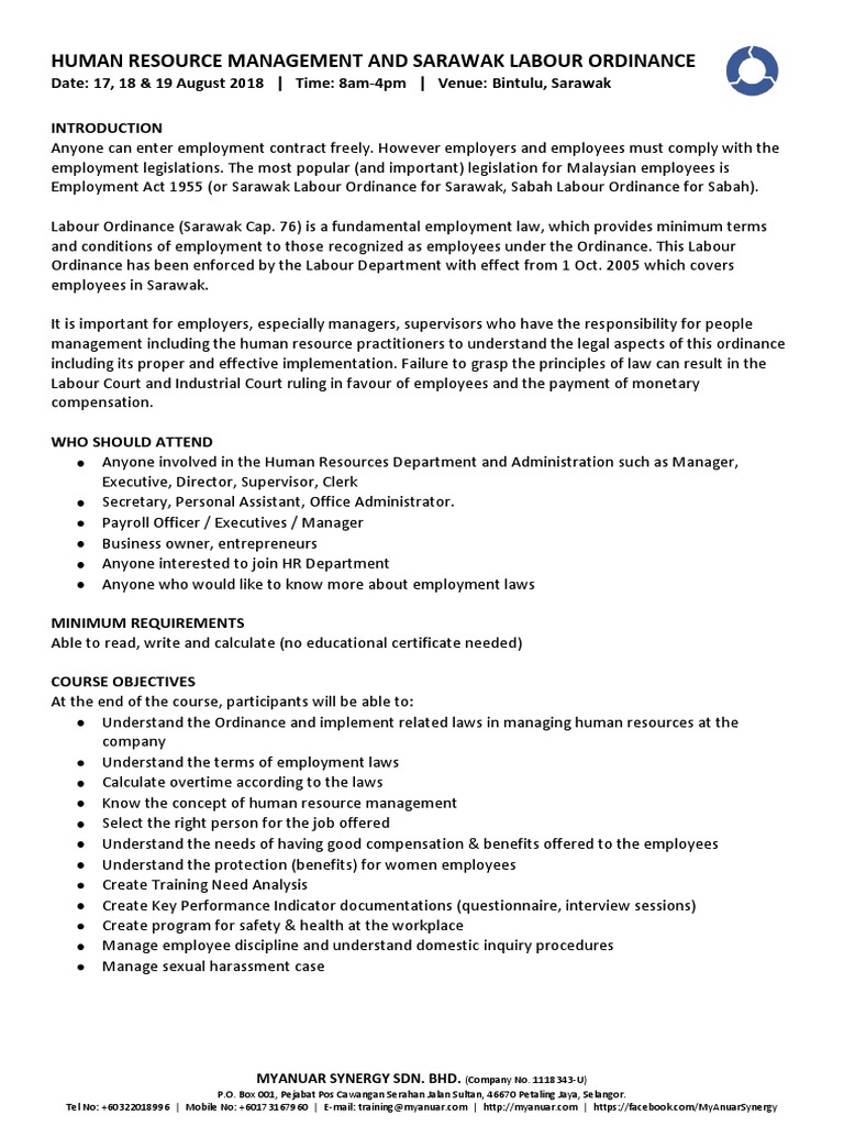 Bintulu HR Management Sarawak Labour Ordinance | PDF | Employment ...
