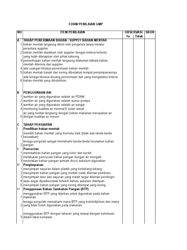 Form Penilaian Kualitas Makanan | PDF
