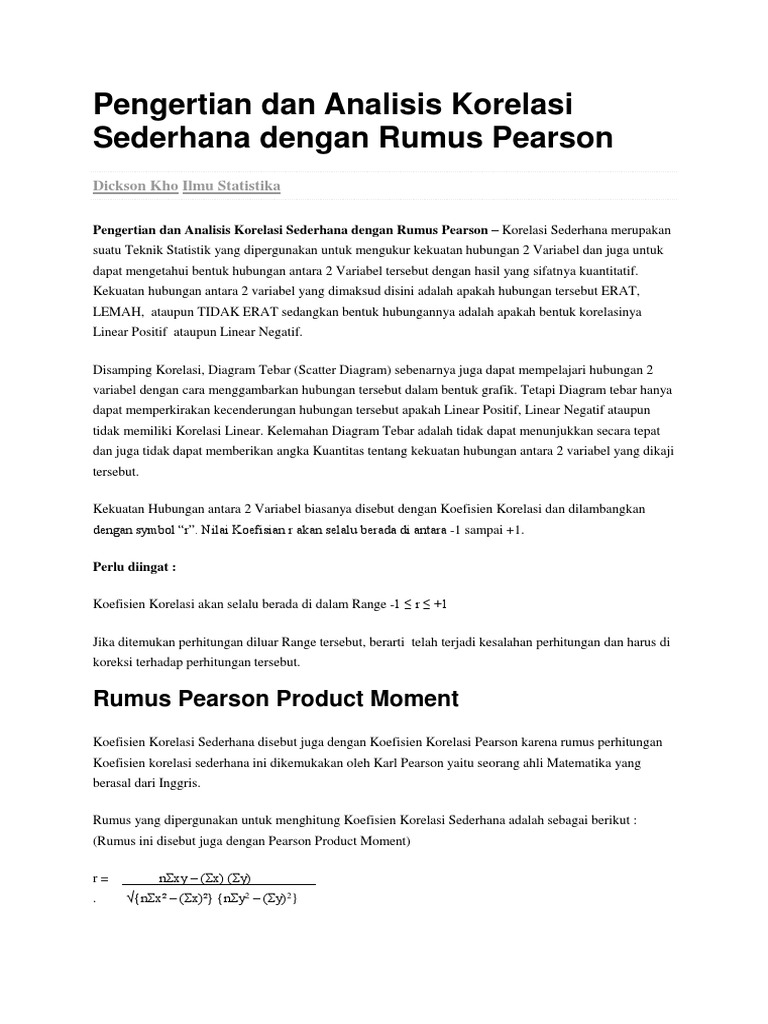 Pengertian Dan Analisis Korelasi Sederhana Dengan Rumus Pearson | PDF