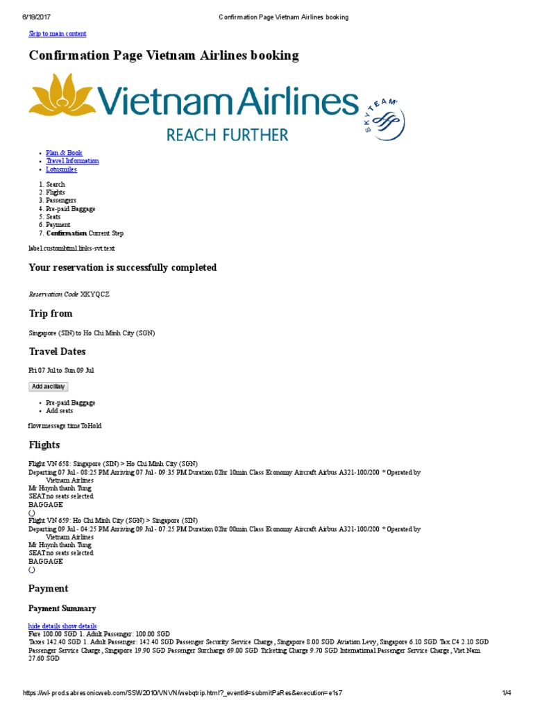 Confirmation Page Vietnam Airlines Booking - 07jul | PDF | Airlines ...
