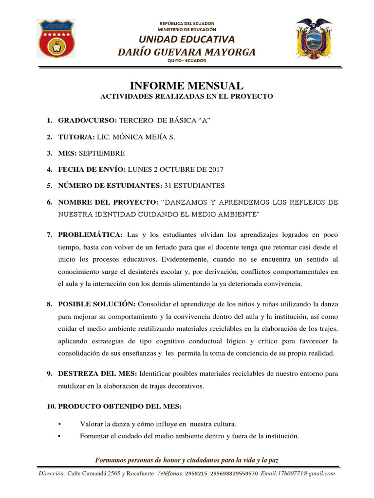 Informe Mensual de Septiembre | PDF | Ecuador | Salón de clases