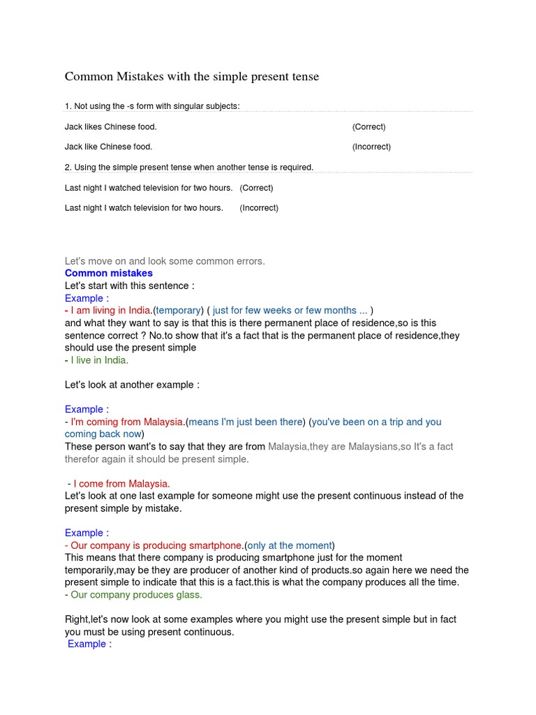 Common Errors in Present Simple Tense | PDF | Verb | Grammatical Tense