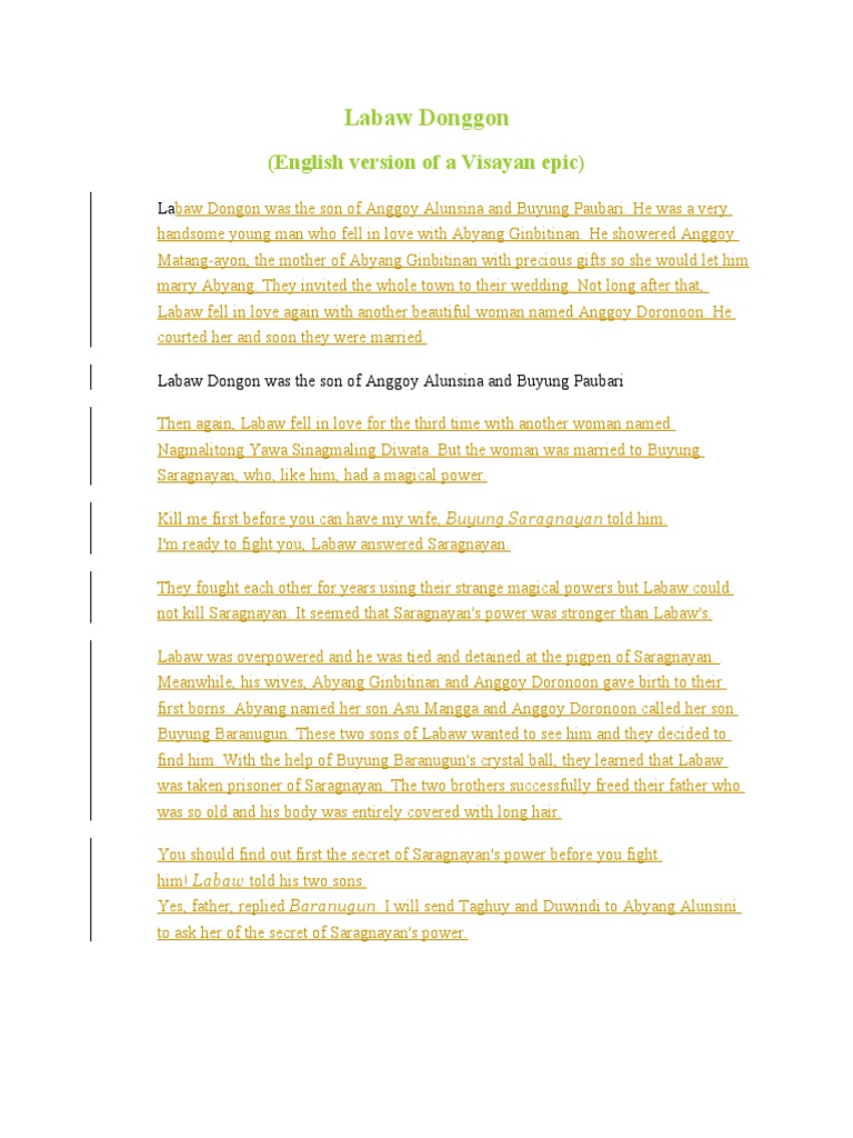 Labaw Donggon: (English Version of A Visayan Epic) | PDF