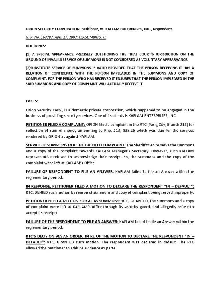 Orion Vs Kaflam | Download Free PDF | Complaint | Service Of Process