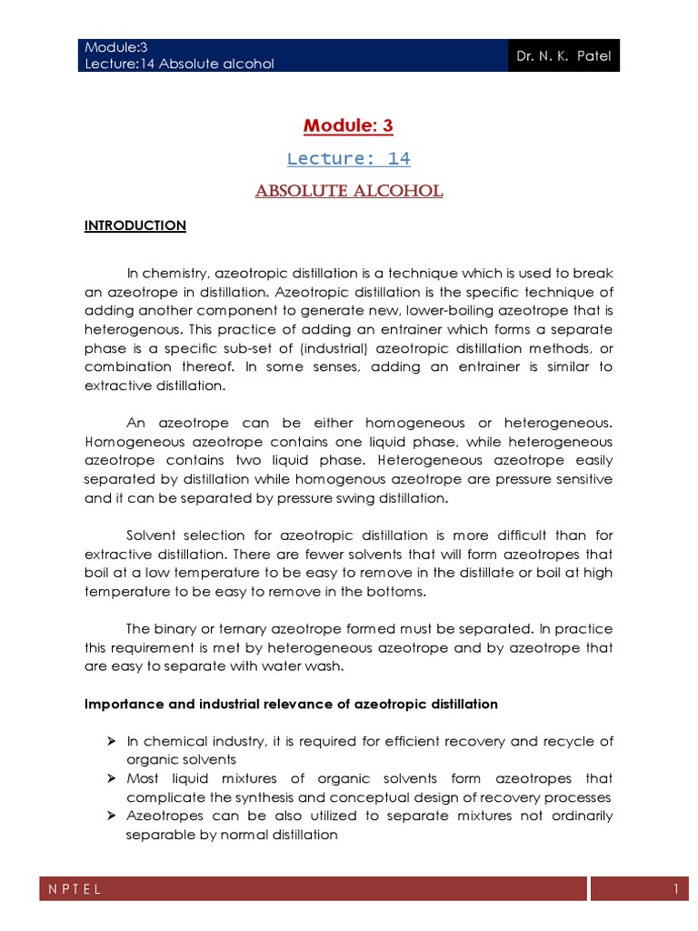 Lecture 14 Absolute Alcohol | PDF | Distillation | Ethanol