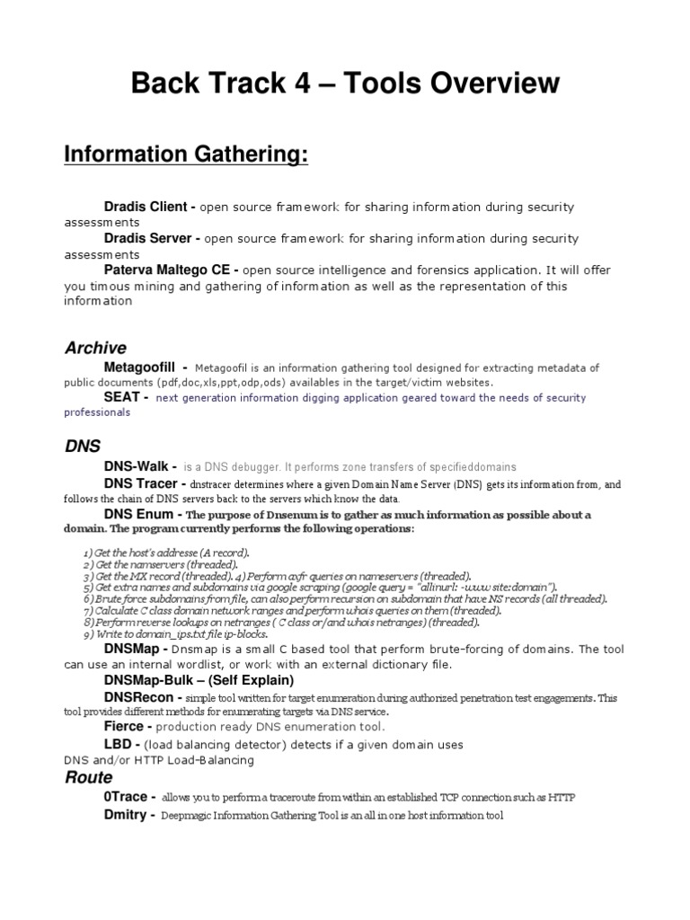 Backtrack Tool Notes | PDF | Domain Name System | Transmission Control ...
