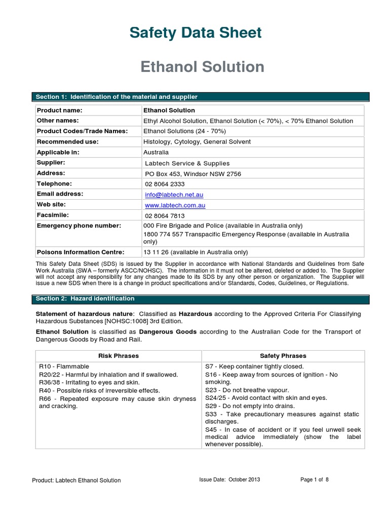 Ethanol Solution: Safety Data Sheet | Download Free PDF | Alcohol ...