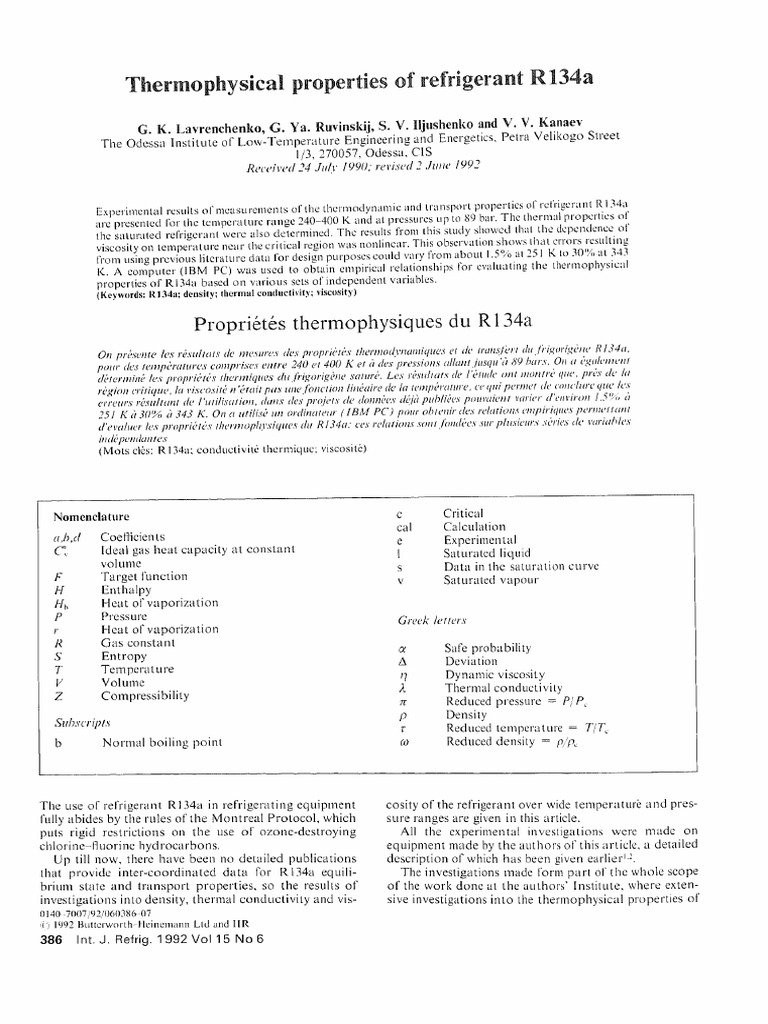 Thermophysical Properties of Refrigerant R134a | PDF