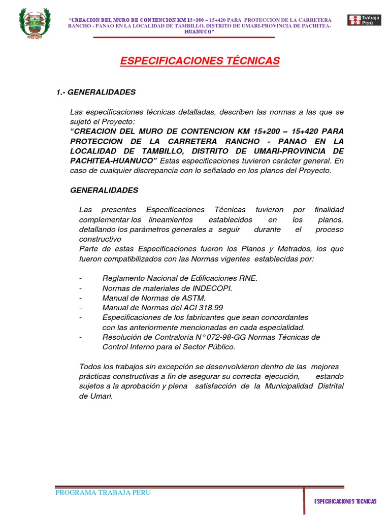 Espec Tecnicas Muro de Contencion | PDF | Excavación (Arqueología) | Cemento