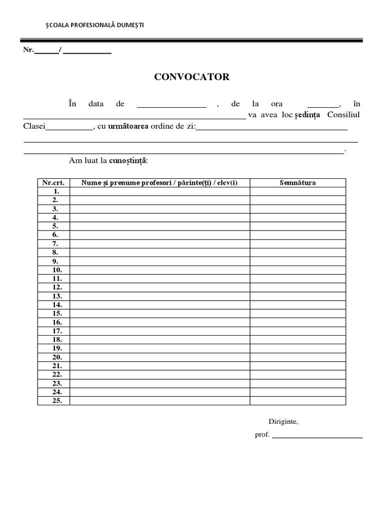 Convocator PTR Profesori Participare La Consiliul Clasei | PDF