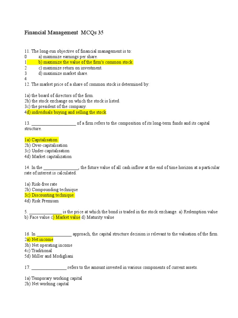 Financial Management MCQs 35 | PDF | Equity (Finance) | Financial Capital