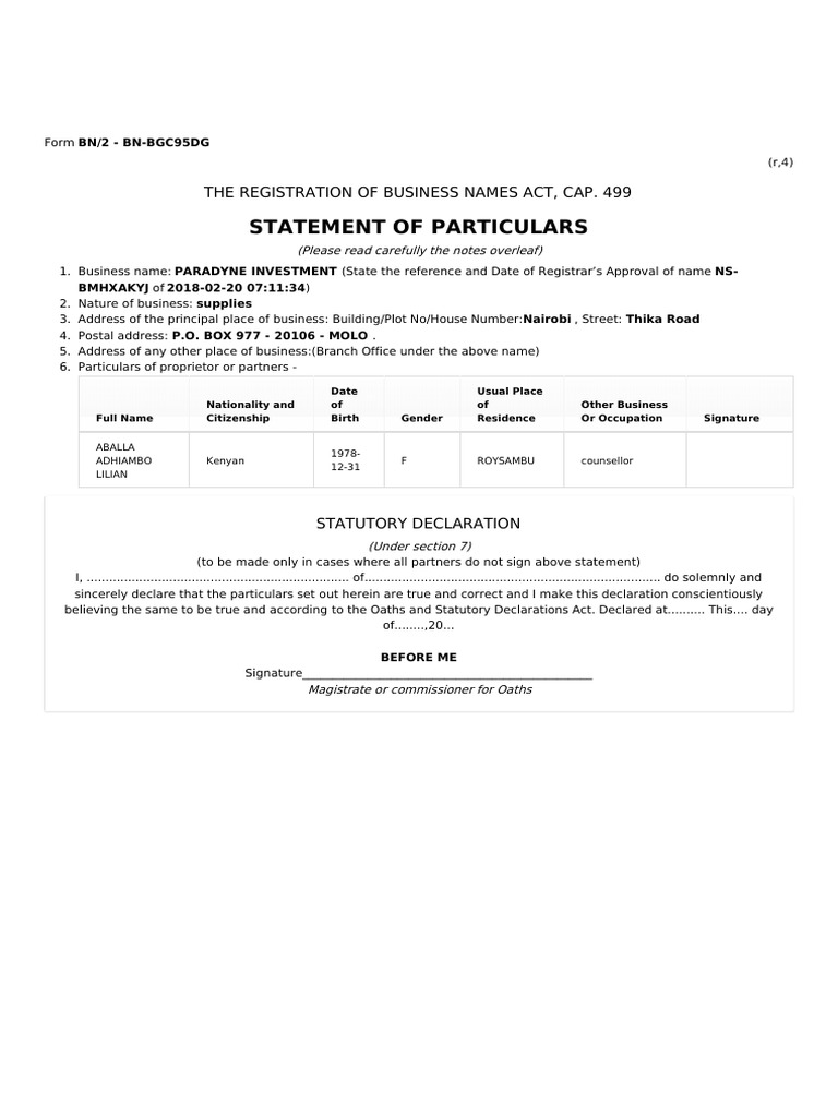 Statement of Particulars: The Registration of Business Names Act, Cap ...