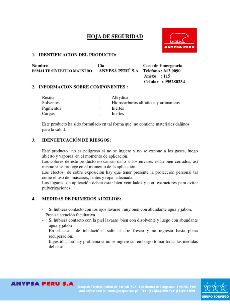 Pintura Esmalte Sintetico Maestro Anypsa Msds PDF | PDF | Agua ... Pintura Esmalte Sintetico Maestro Anypsa Msds PDF | PDF | Agua ...